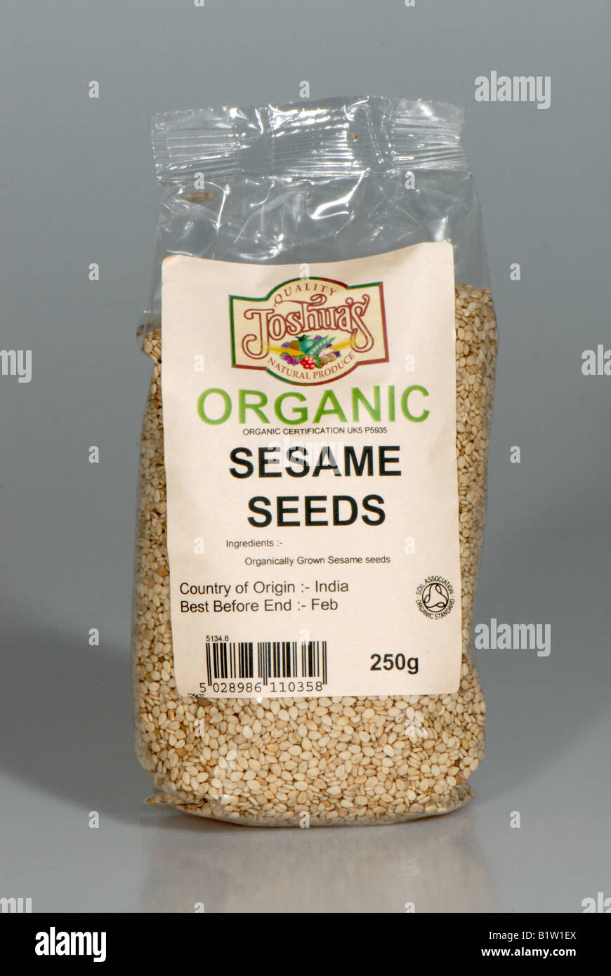 Packet of organic sesame seed with soil association logo a product of ...