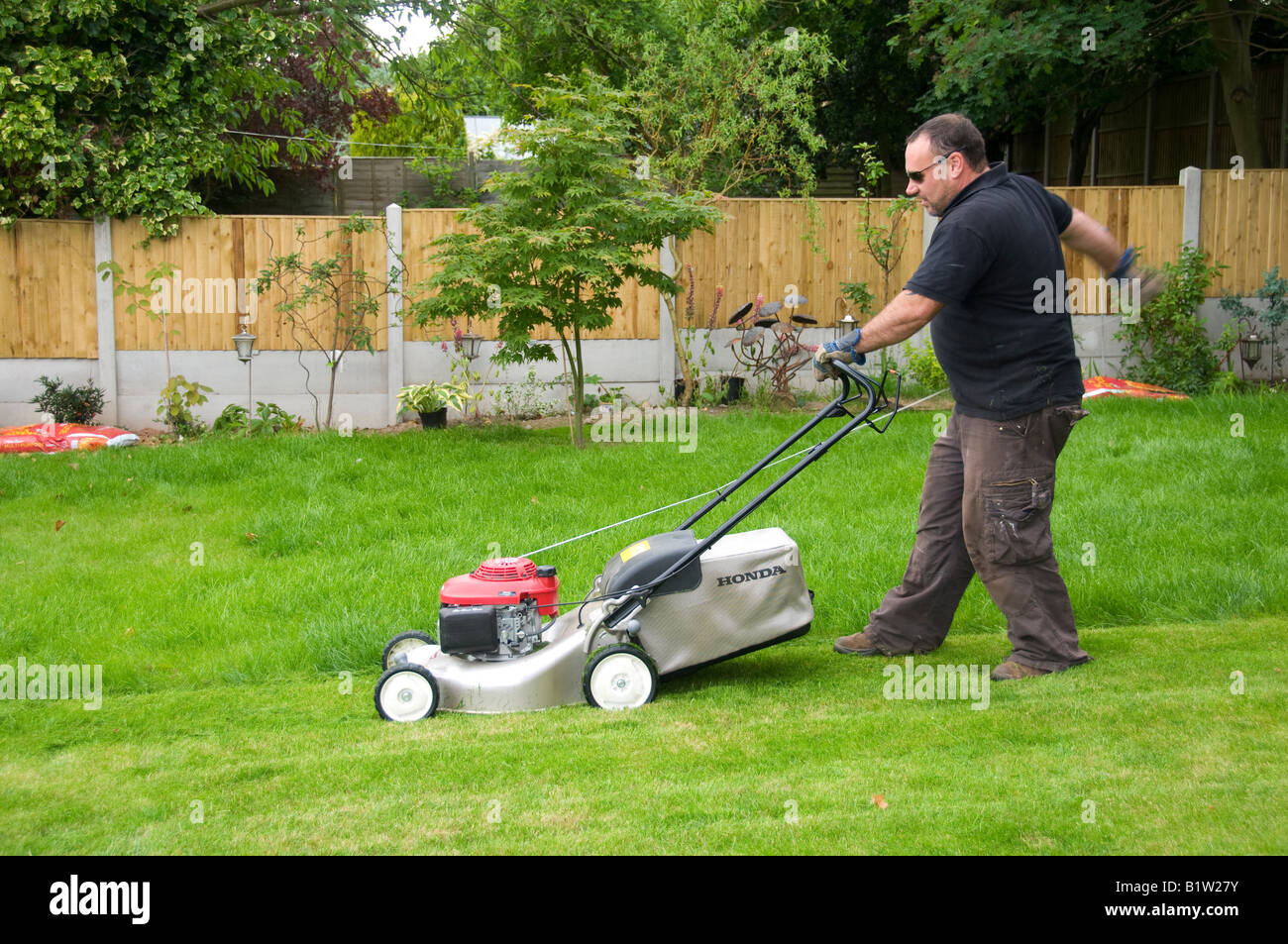 Man mowing lawn Stock Photo - Alamy