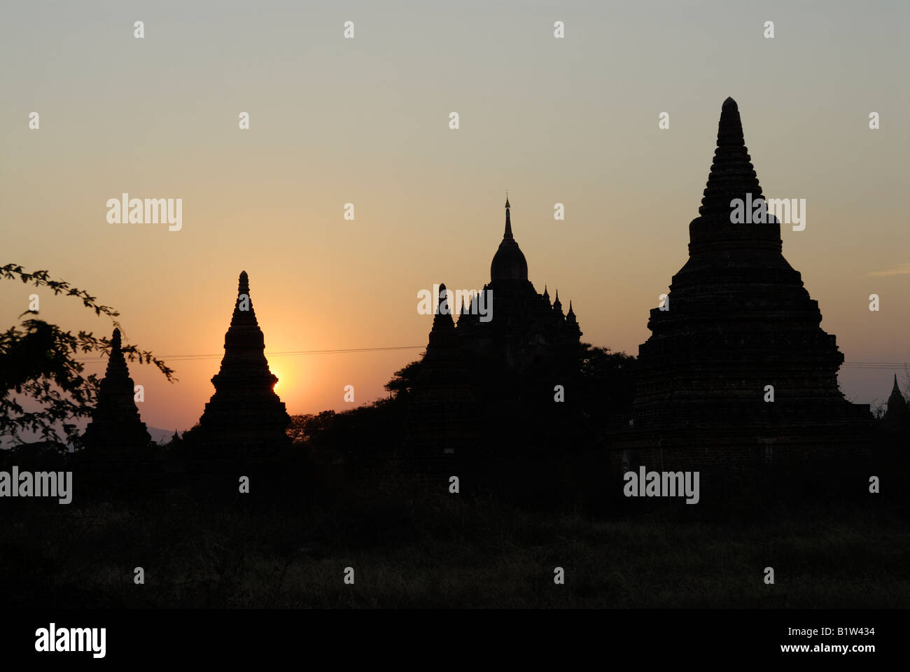 sunset over Bagan many Pagodas in front, BAGAN PAGAN, MYANMAR BURMA ...