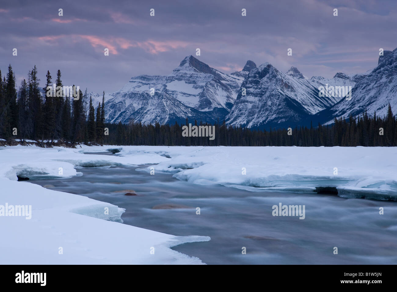 Canada Alberta Sawridge range viewed over the Athabasca river Jasper ...