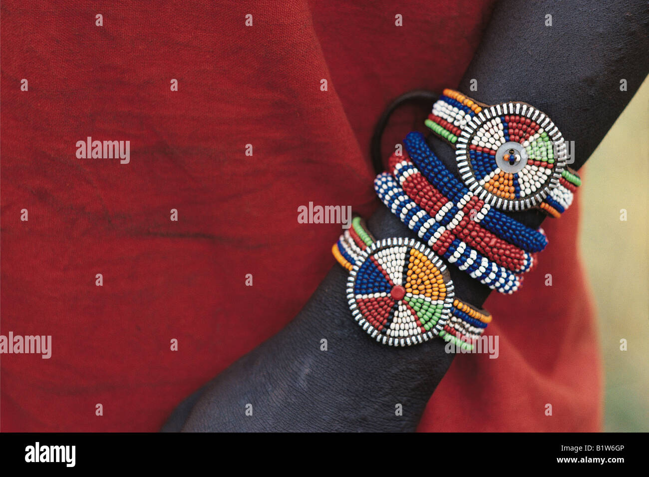 Close Up Of Colourful Bead Bracelets Worn By Maasai Moran Or Warrior
