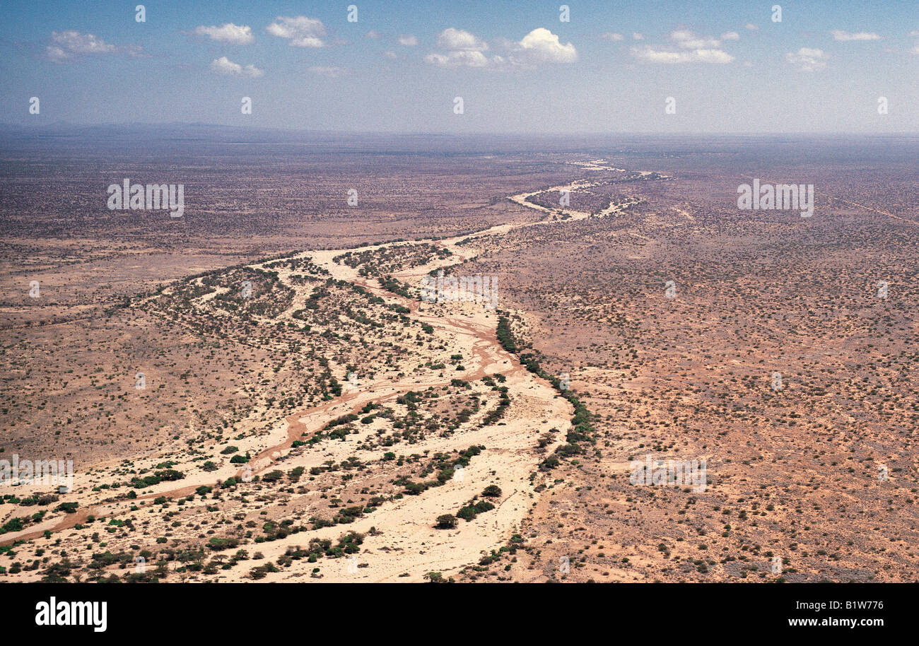 Aerial view of seasonal stream and dry river bed Northern Kenya East ...