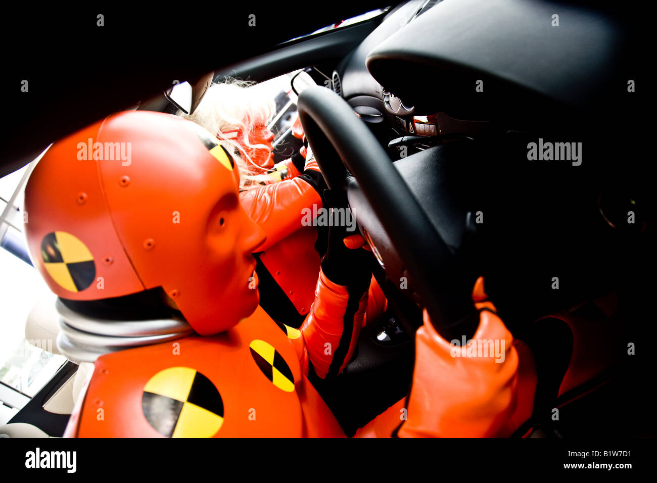 Models dressed up as crash test dummies pretending to be involved in an ...