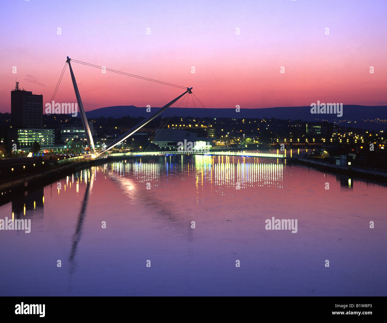City Footbridge and River Usk at twilight / night Newport Wales UK ...