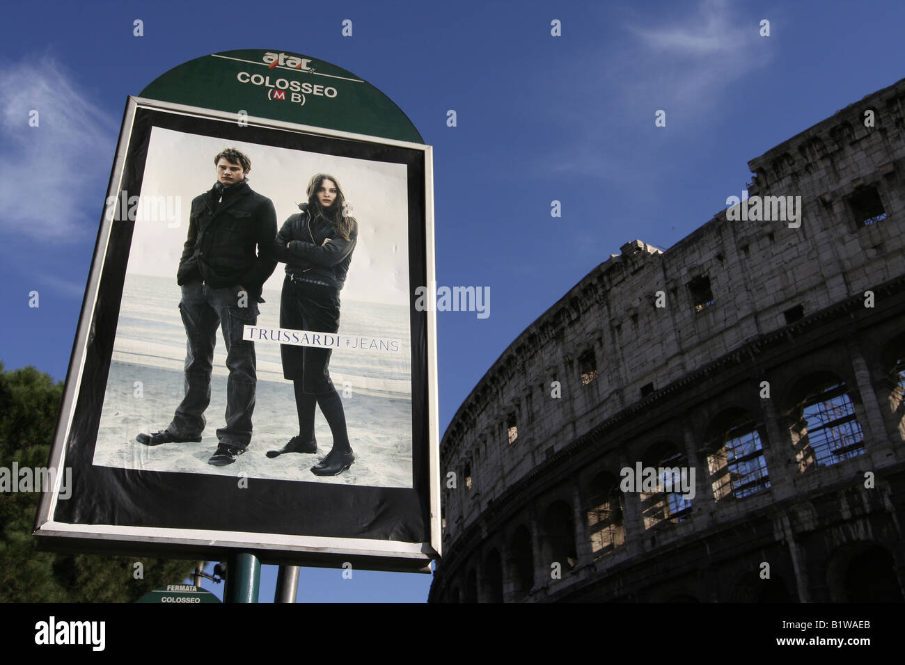 Colosseo Metro/bus stop sign in Rome, Italy. With the Colosseum in ...