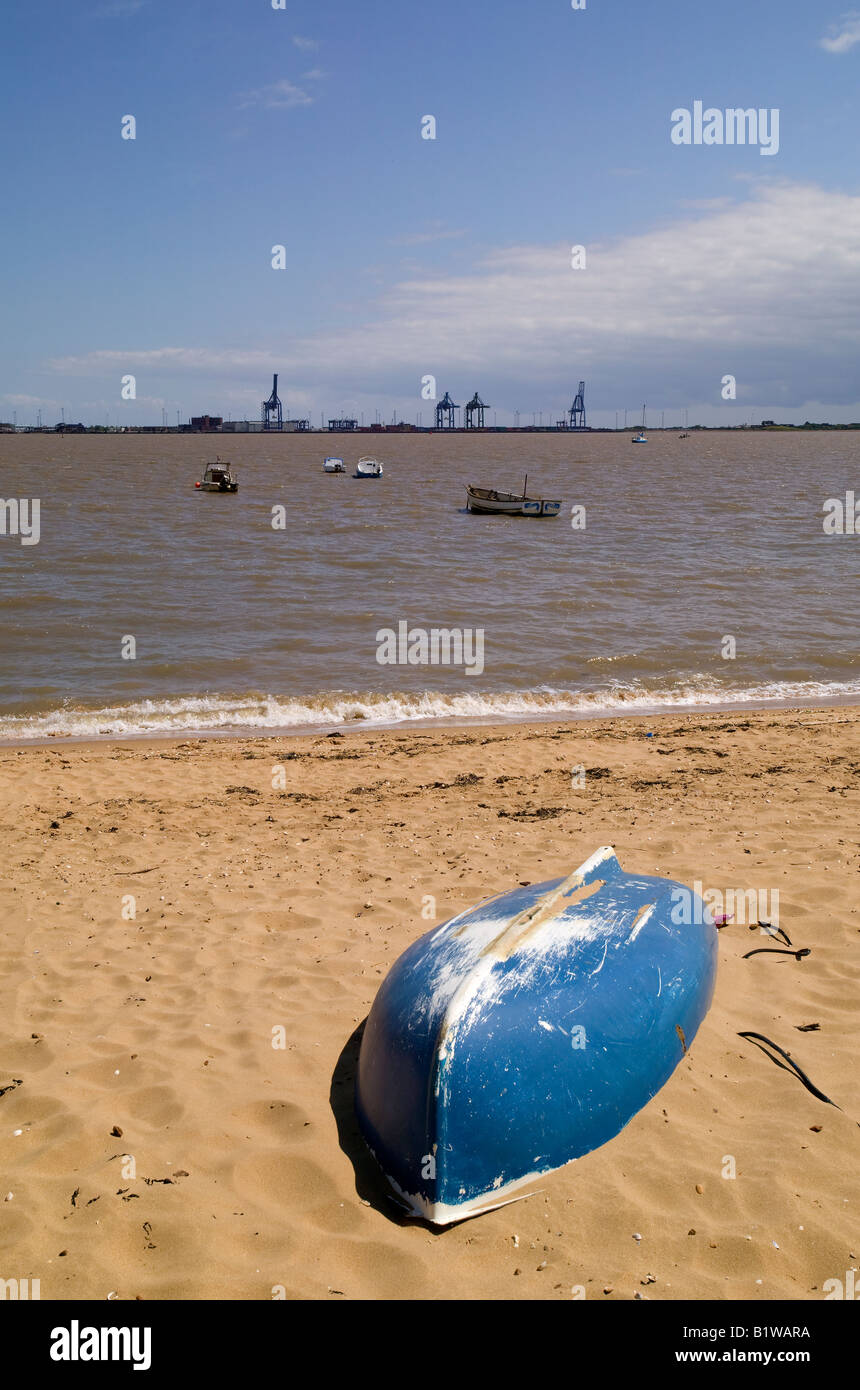 small boat on the beach at harwich felixstowe in the background Stock ...