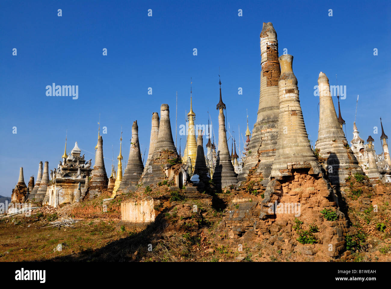 Indein ruins of Shwe Inn Thein stupas, Inle lake, MYANMAR BURMA BIRMA ...