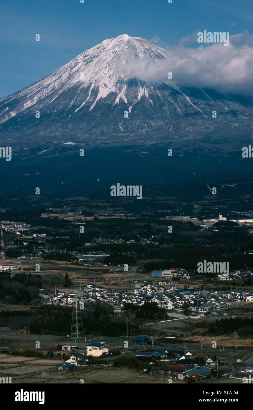 JAPAN Honshu Mount Fuji Snow capped peak of Mount Fuji rising up behind ...