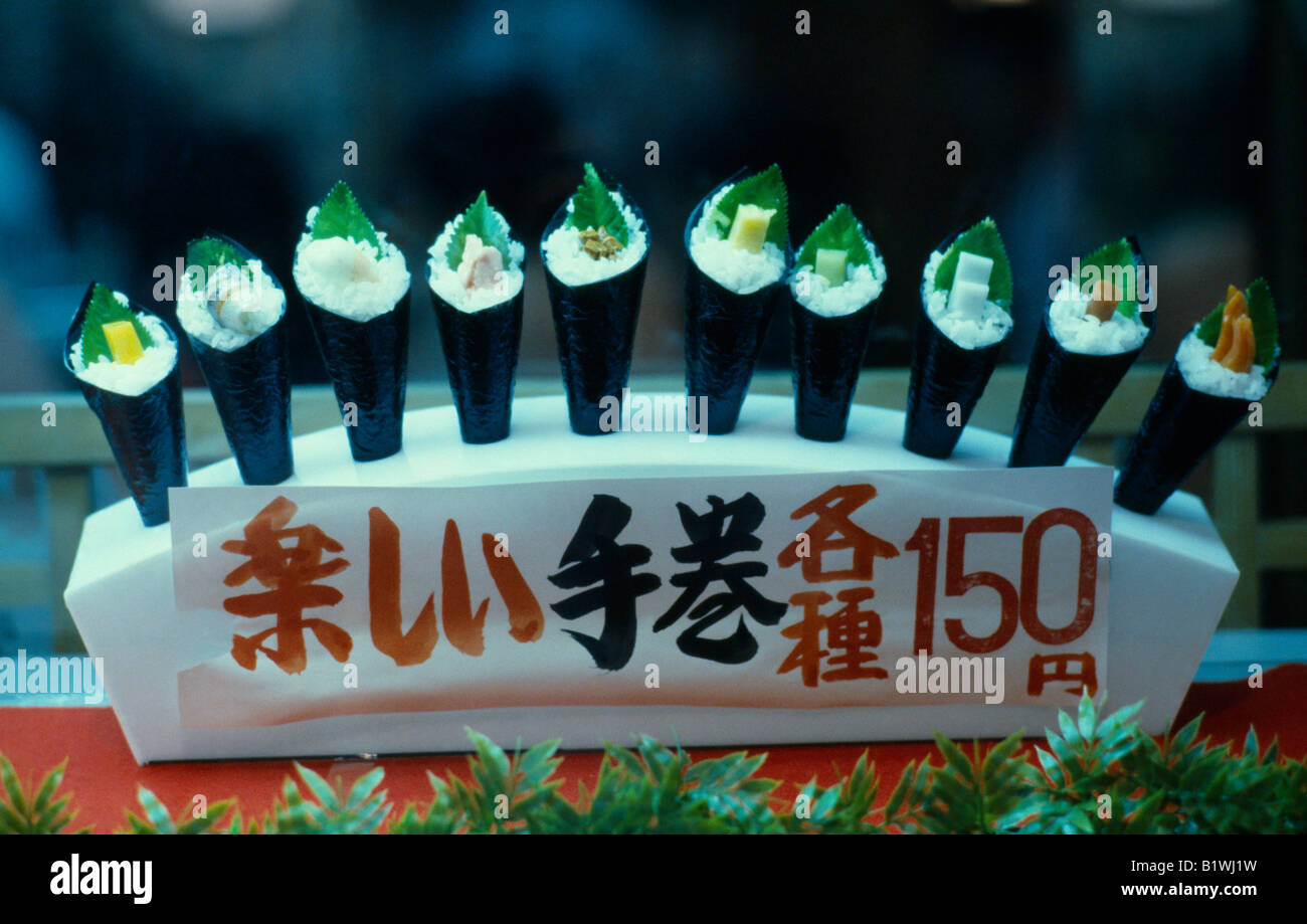 JAPAN Markets Food and Drink Restaurant window display of plastic sushi ...