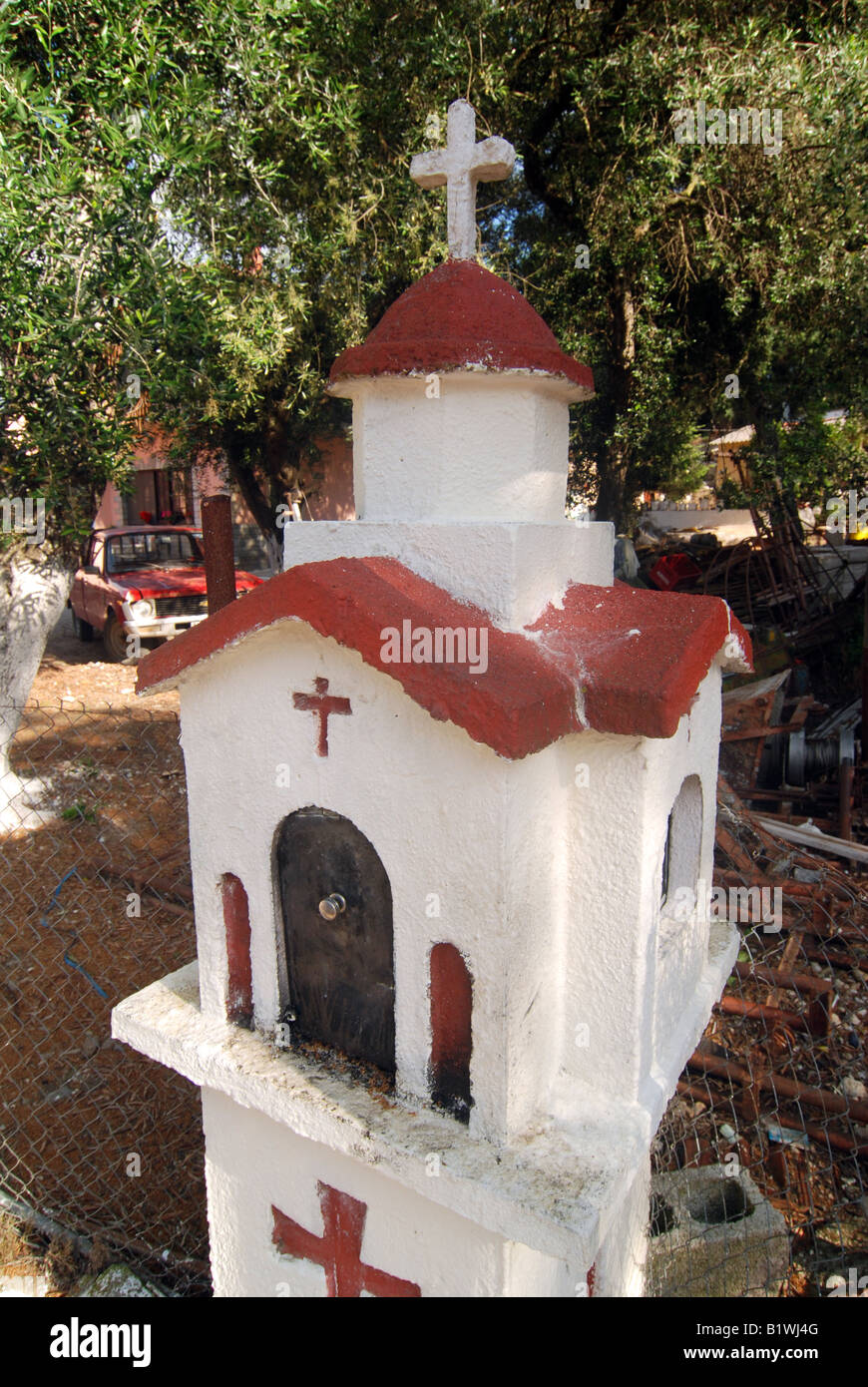 Miniature of orthodox church, roadside shrine on greek island of Corfu ...
