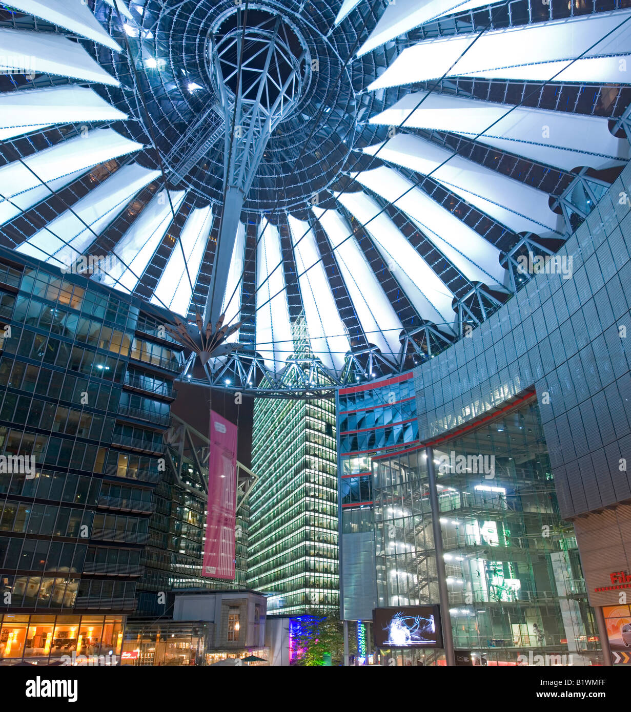 A 2 picture stitch panoramic view in the Sony Center at night. 100 iso ...