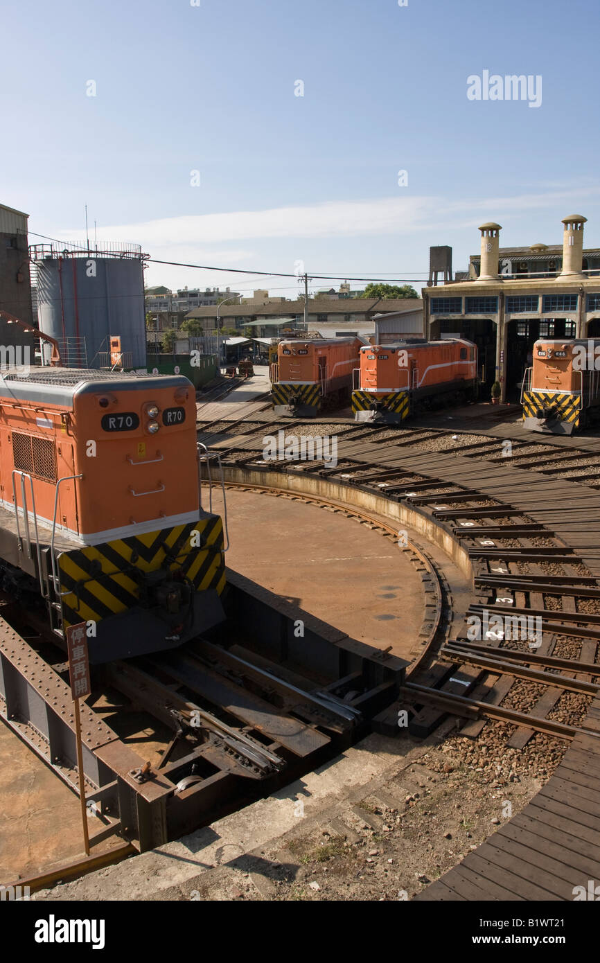 Diesel trains at a fan-shaped railway maintenance depot in Changhua ...