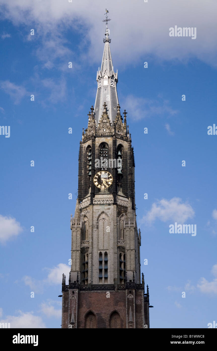 The Nieuwe Kerk Cathedral tower / spire, and clock. Markt Square, Delft ...