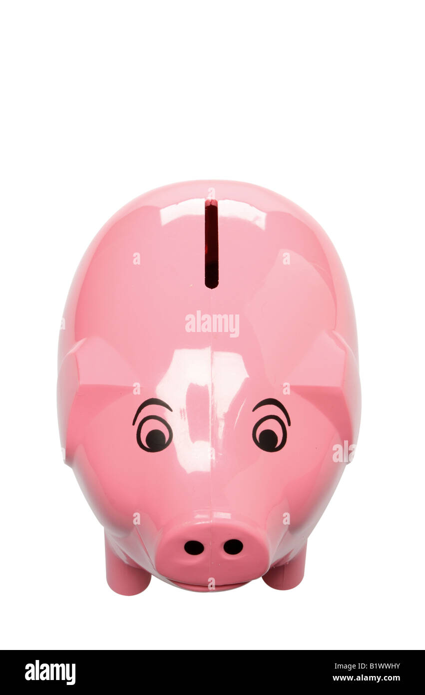 A pink piggy bank isolated on white shot from slightly above the front ...