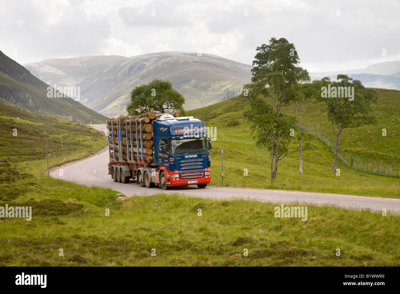 Braemar landscape A93 Scottish timber industry, Scania logging truck ...