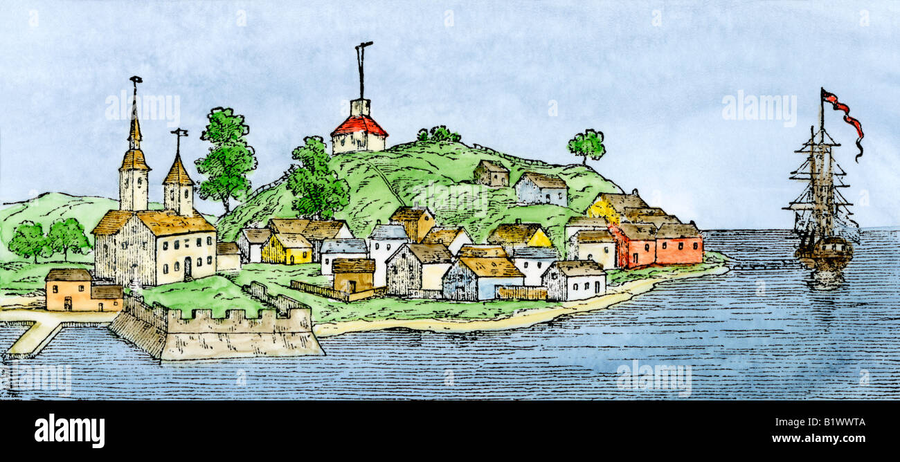 Seaport of New London Connecticut in 1776. Hand-colored woodcut Stock ...