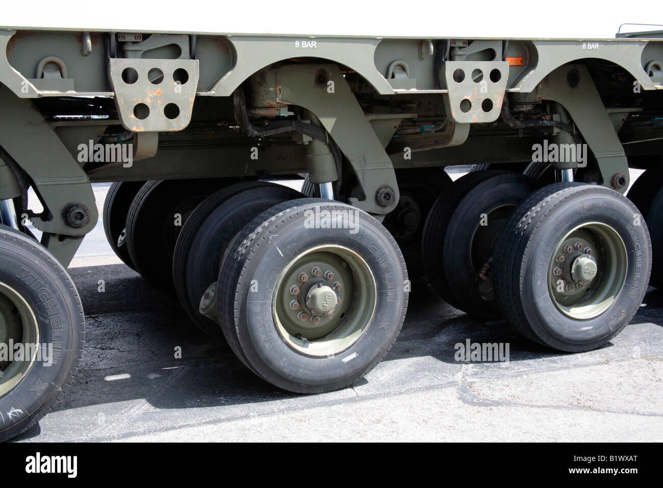 Tank transporter King trailer wheel details Stock Photo - Alamy