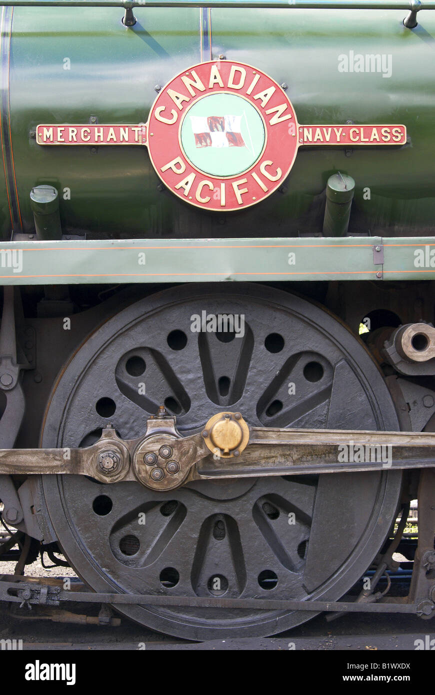 Nameplate and centre driving wheel of rebuilt Merchant navy class steam ...