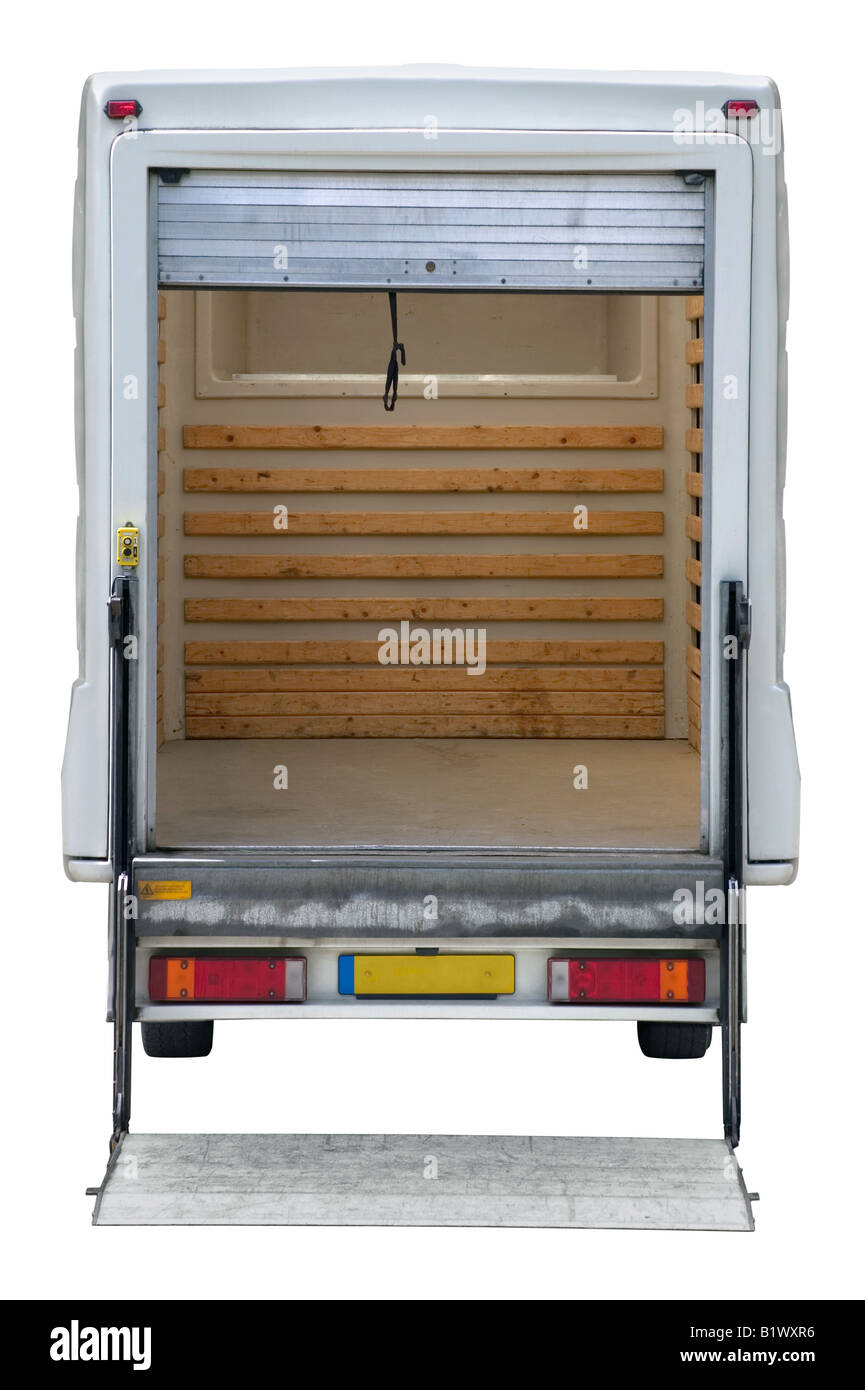 Rear view of an empty white box van with a tail lift isolated on white ...
