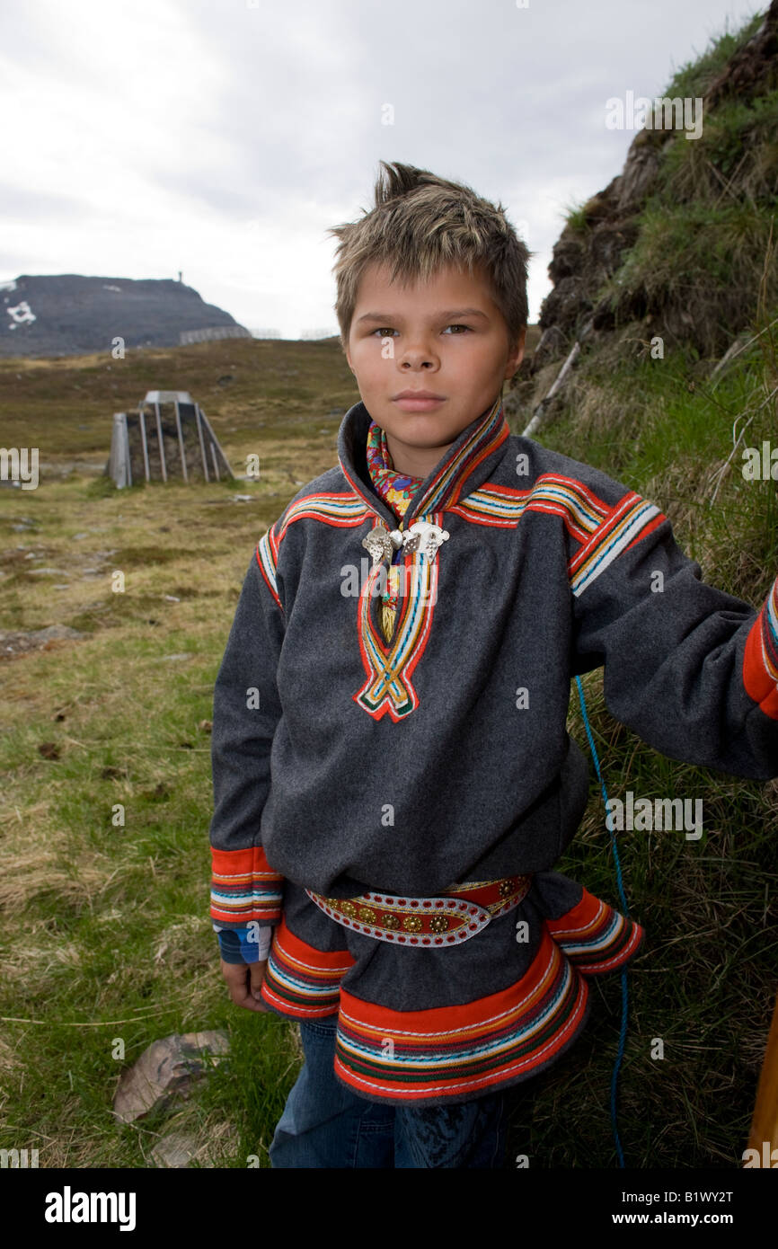 Boy dressed in traditional sami folkdress at Mikkelgammen near ...
