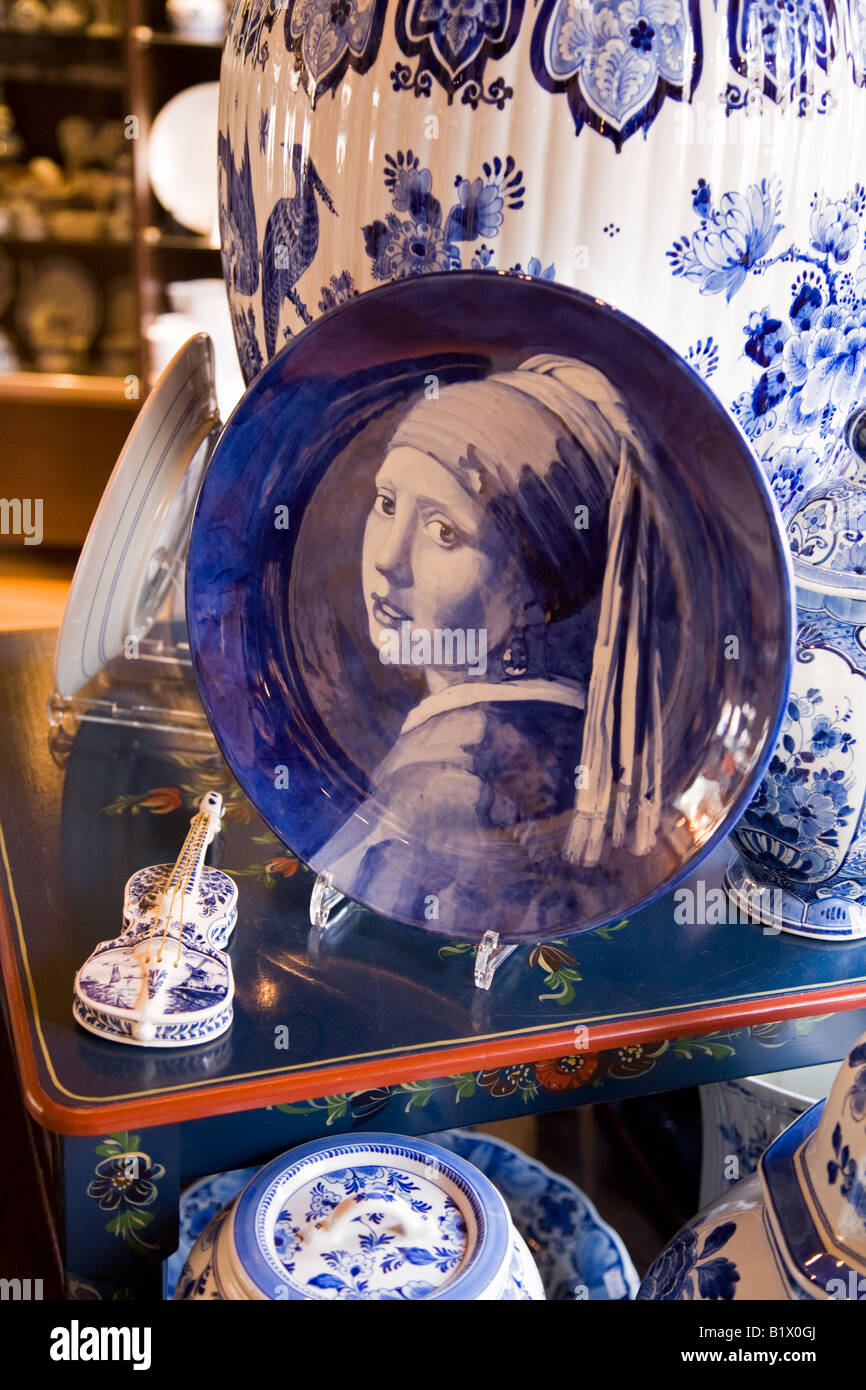 Royal Delftware pottery on display inside a shop in Delft. Netherlands ...