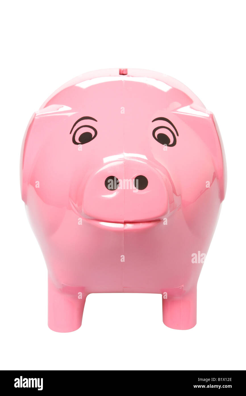 A pink piggy bank isolated on white shot from the front clipping path ...