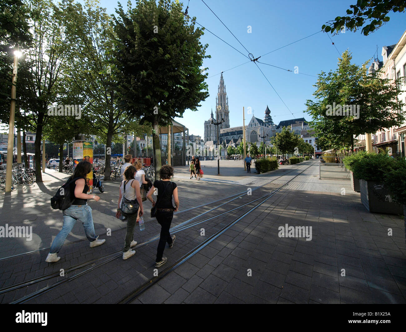 The Groenplaats square in Antwerp Belgium with the cathedral tower ...
