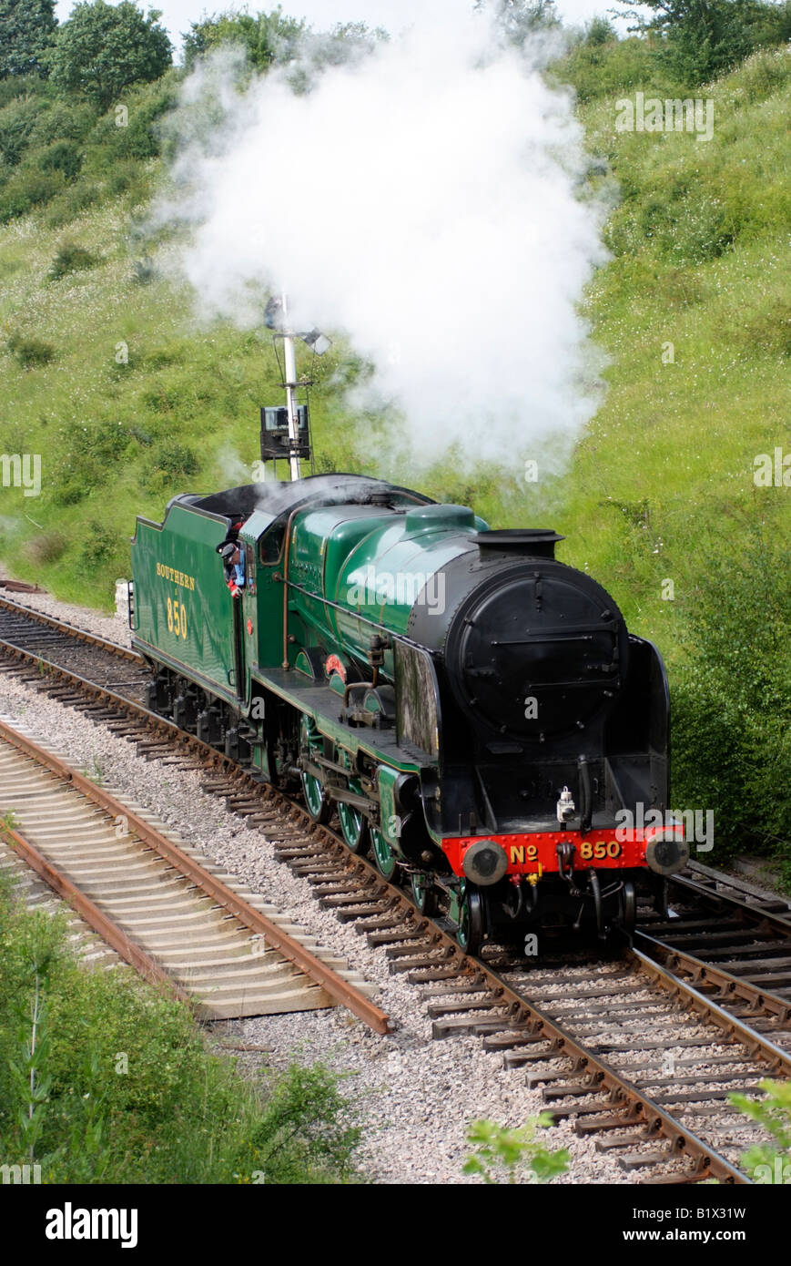 Steam engine 850 Lord Nelson train in Cotswolds countryside ...