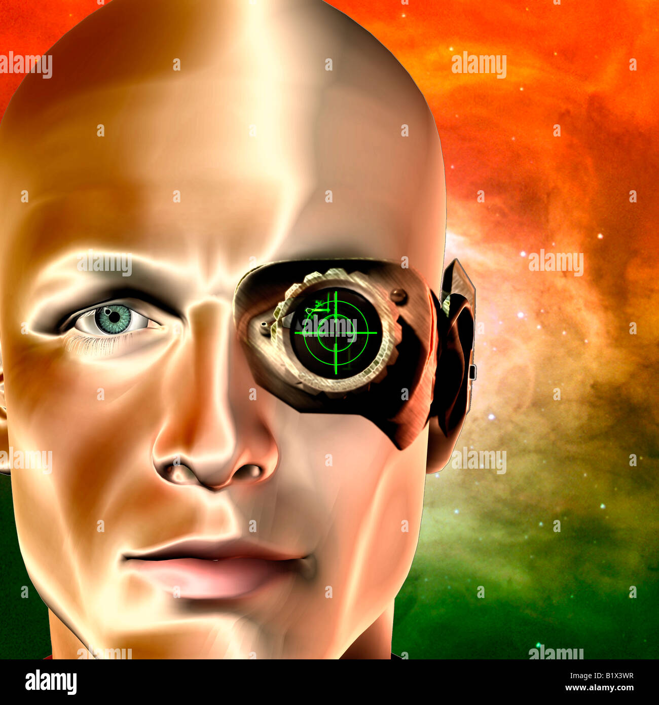 futuristic 3D computer generated bionic male robot head galaxy ...