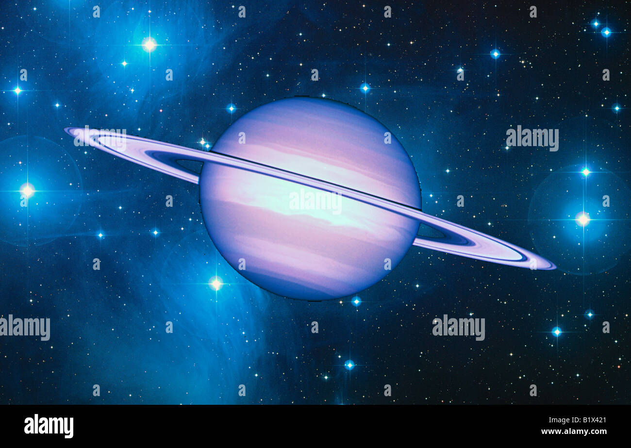 computer generated conceptual view of Saturn spinning in a starry sky ...