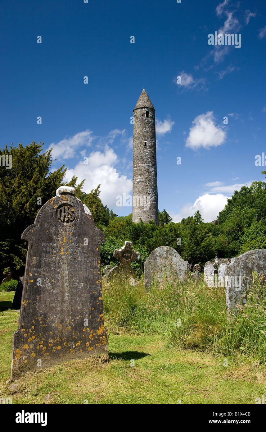 Glendalough round tower monastic settlement Ireland Stock Photo - Alamy