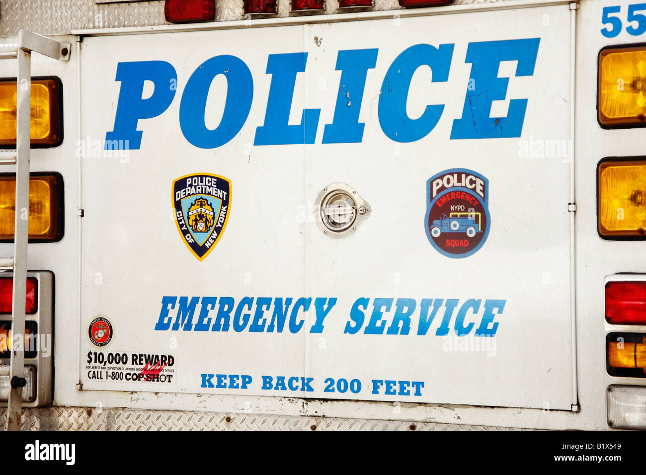 Back side of a police emergency service truck - New York City, USA ...