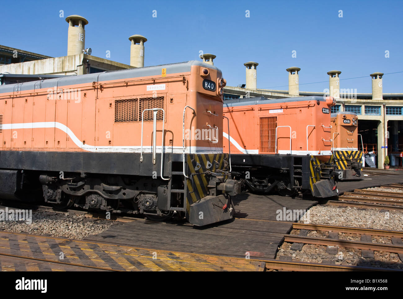 Diesel trains at a fan-shaped railway maintenance depot in Changhua ...