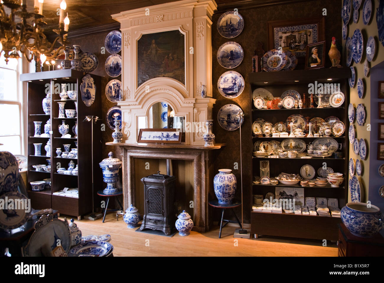 Royal Delftware pottery on display inside a shop in Delft. Netherlands ...