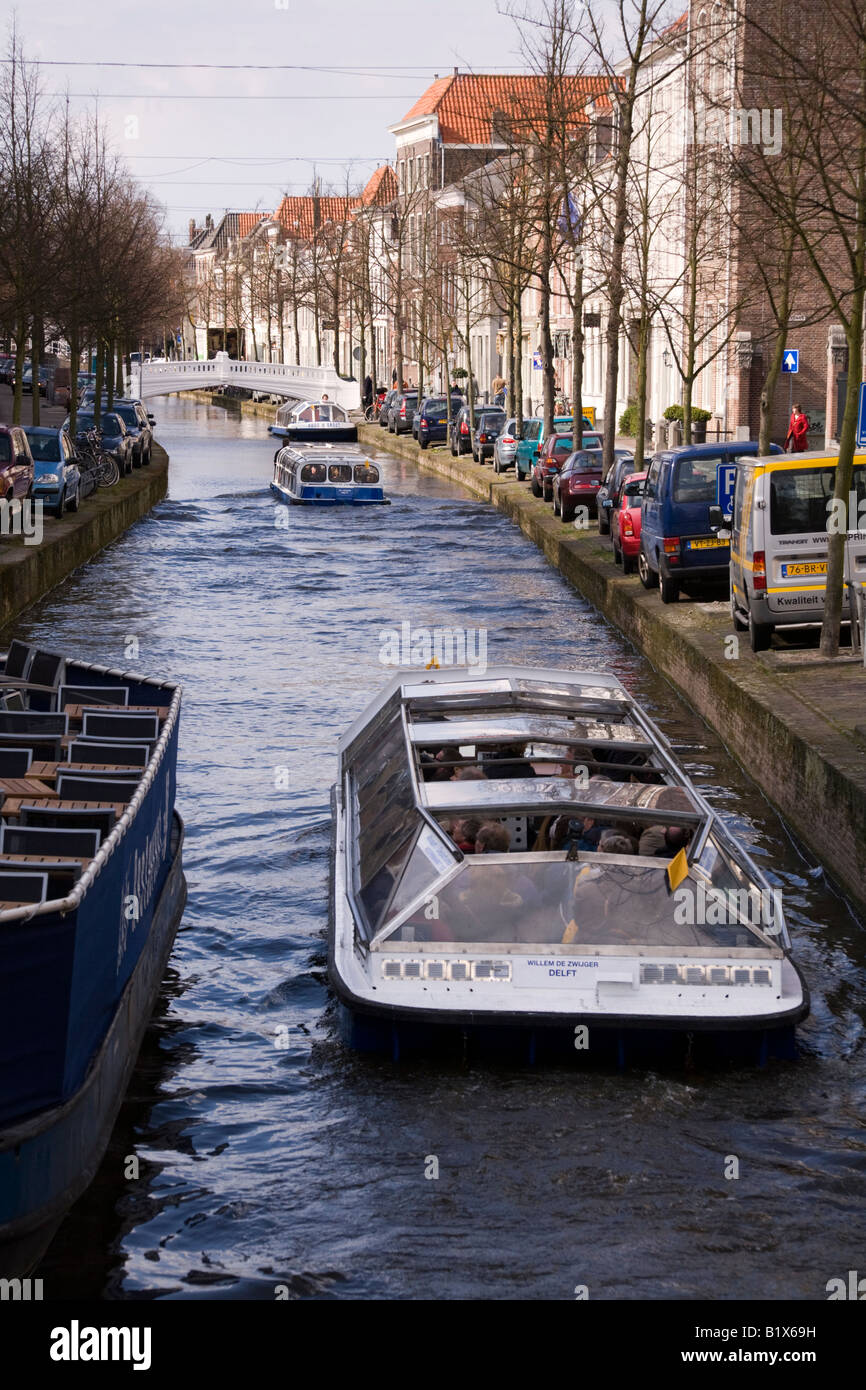 Canal and tourist boat / barge in springtime Delft. Netherlands Stock ...