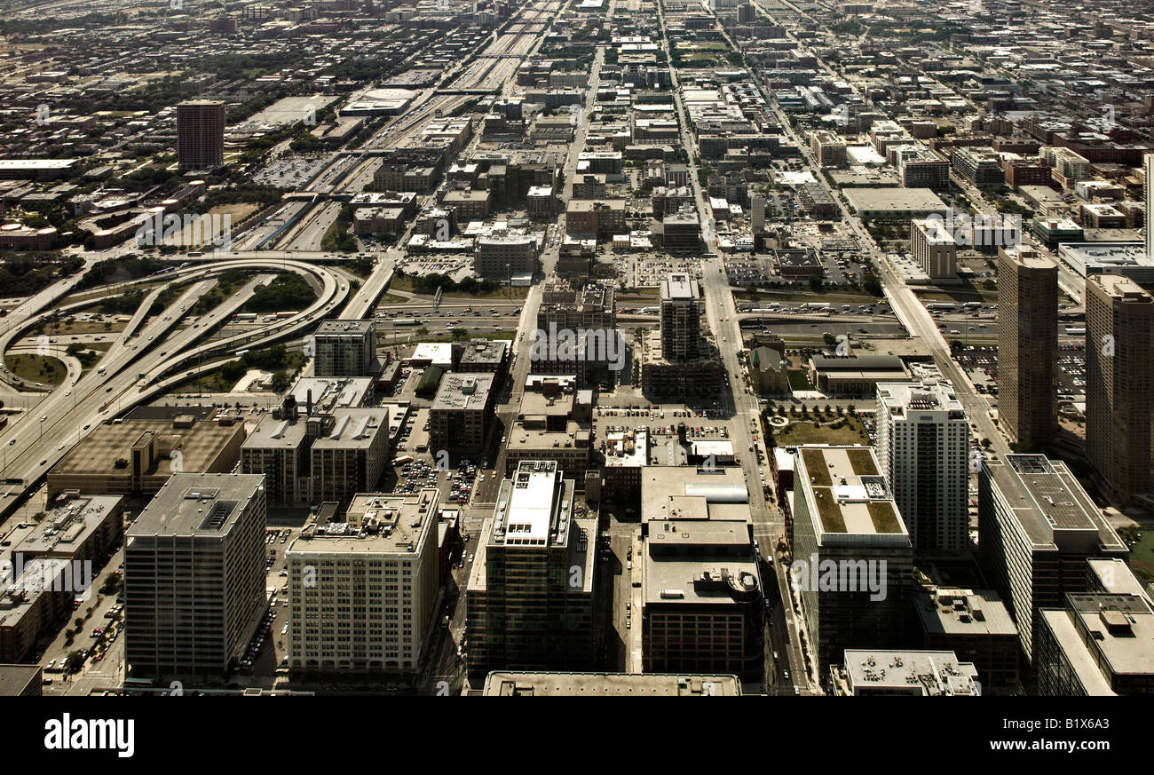 Landscape of Chicago Illinois from the air showing th grid type road ...