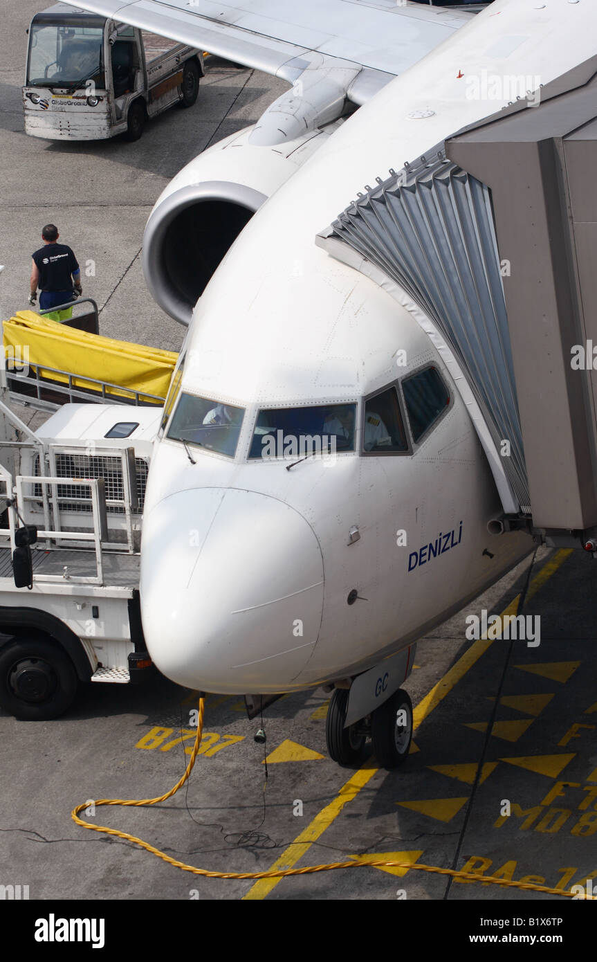 Boeing 737 jet airliner aircraft at airport terminal departure gate ...