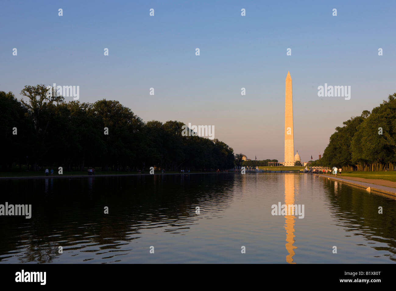 Washington Monument and Reflecting Pool at dusk sunset National Mall ...