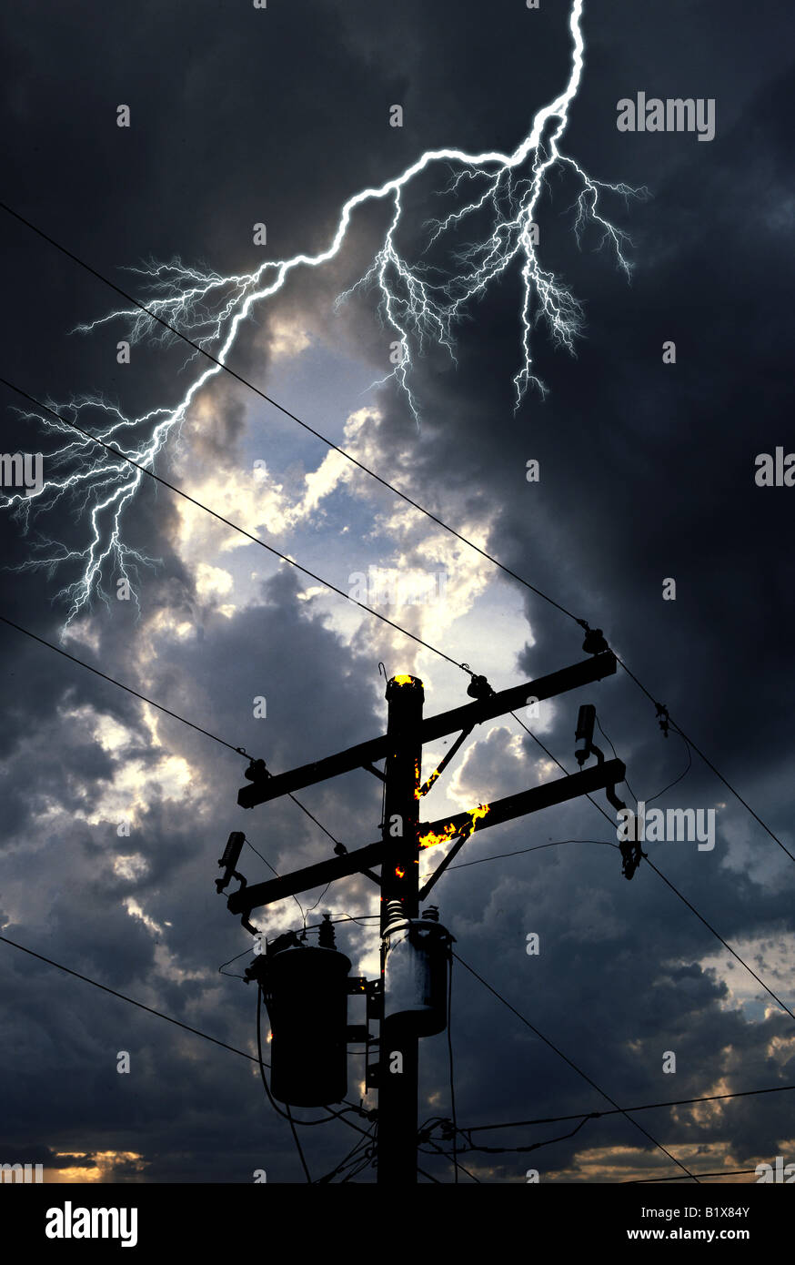 bolts of lightning near power line pole and wires Stock Photo - Alamy