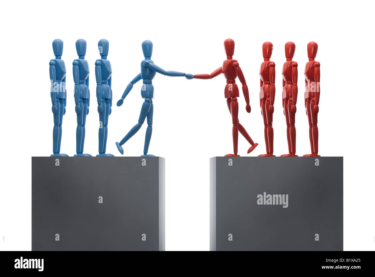 Two groups of human mannequin figures coming together. Two lead figures ...