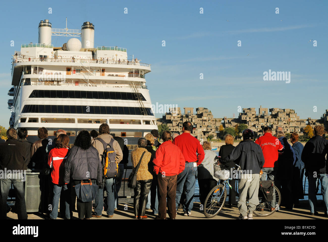 Canada, Montreal, Cruise ship at dock with crowd of onlookers Stock ...