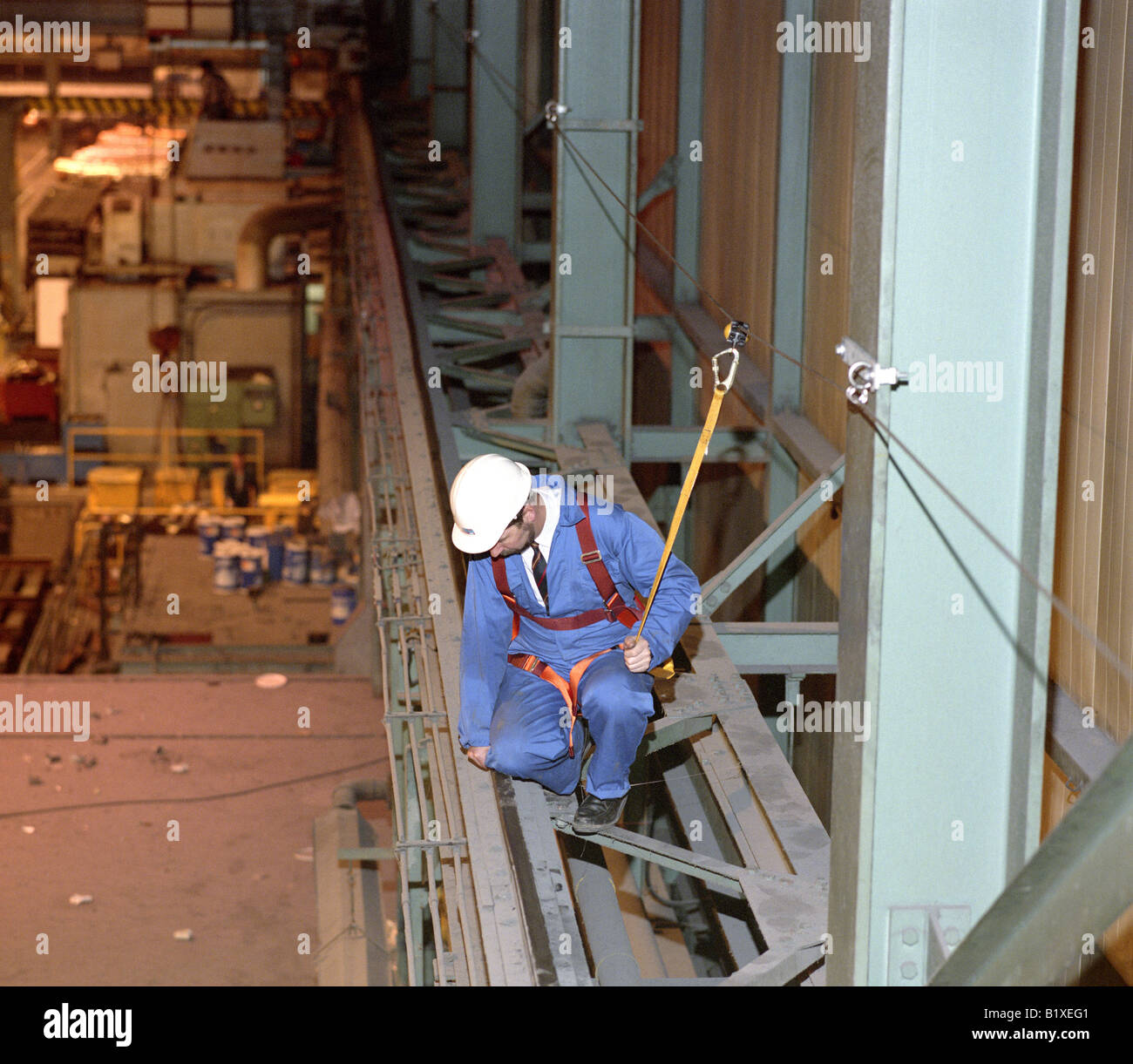 Engineer above Factory Floor using a Safety Harness and Safety Line ...