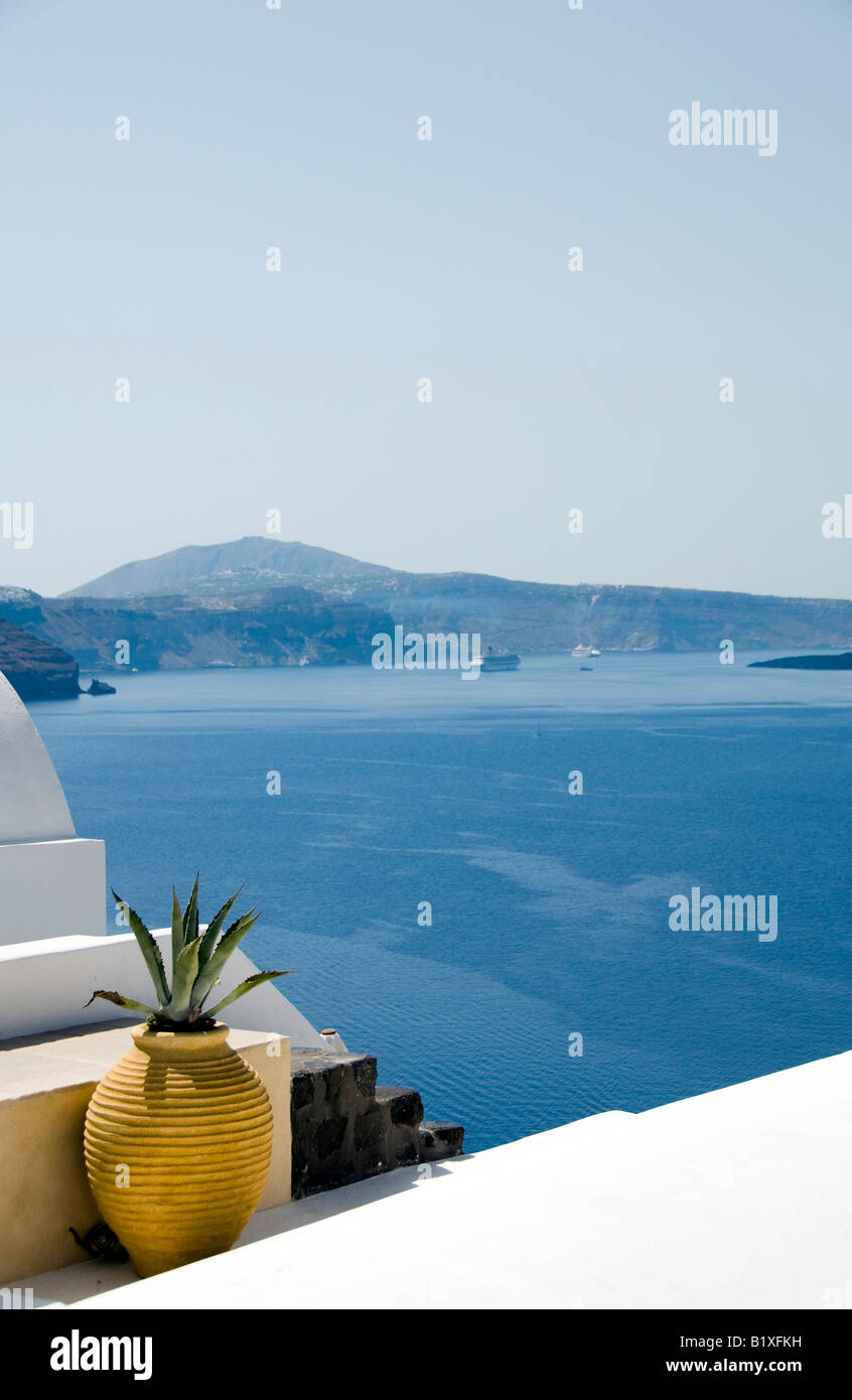 greek islanc cyclades architecture with cactus over caldera ...