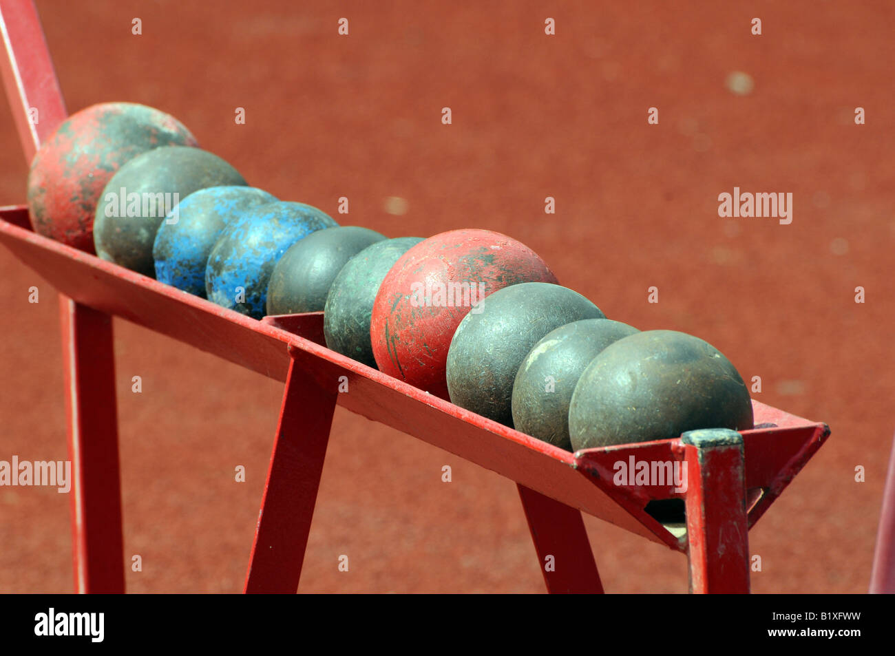 Shot put rack at scvhool athletics meet Stock Photo - Alamy