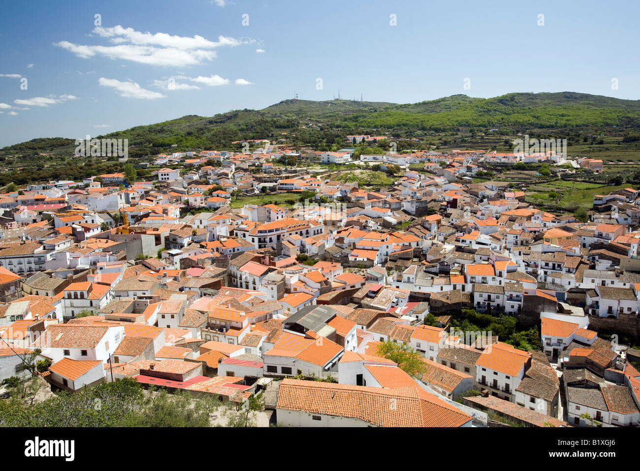 Aerial view of the town of Montanchez from the castle, Extremadura ...