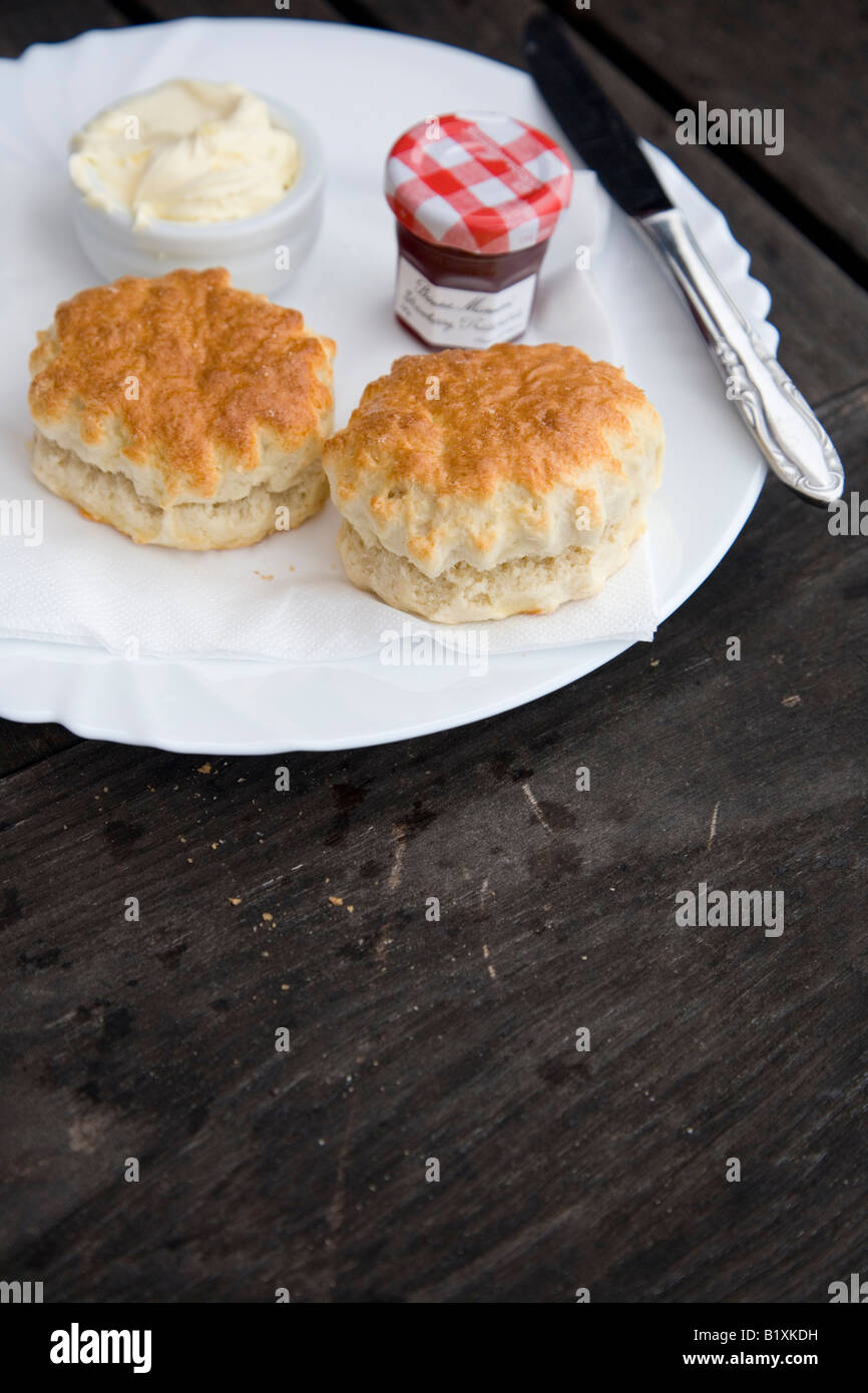 A traditional English Cream Tea comprising tea scones jam and cream ...
