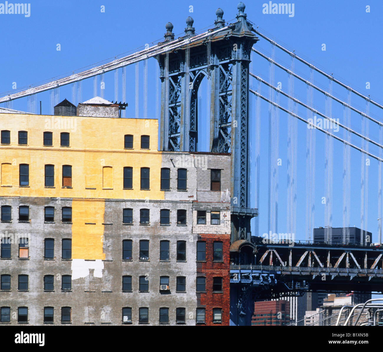 Manhattan Bridge New York City. Old buildings in the Dumbo neighborhood ...