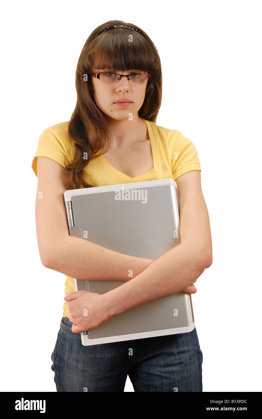 Girl with Computer Stock Photo - Alamy