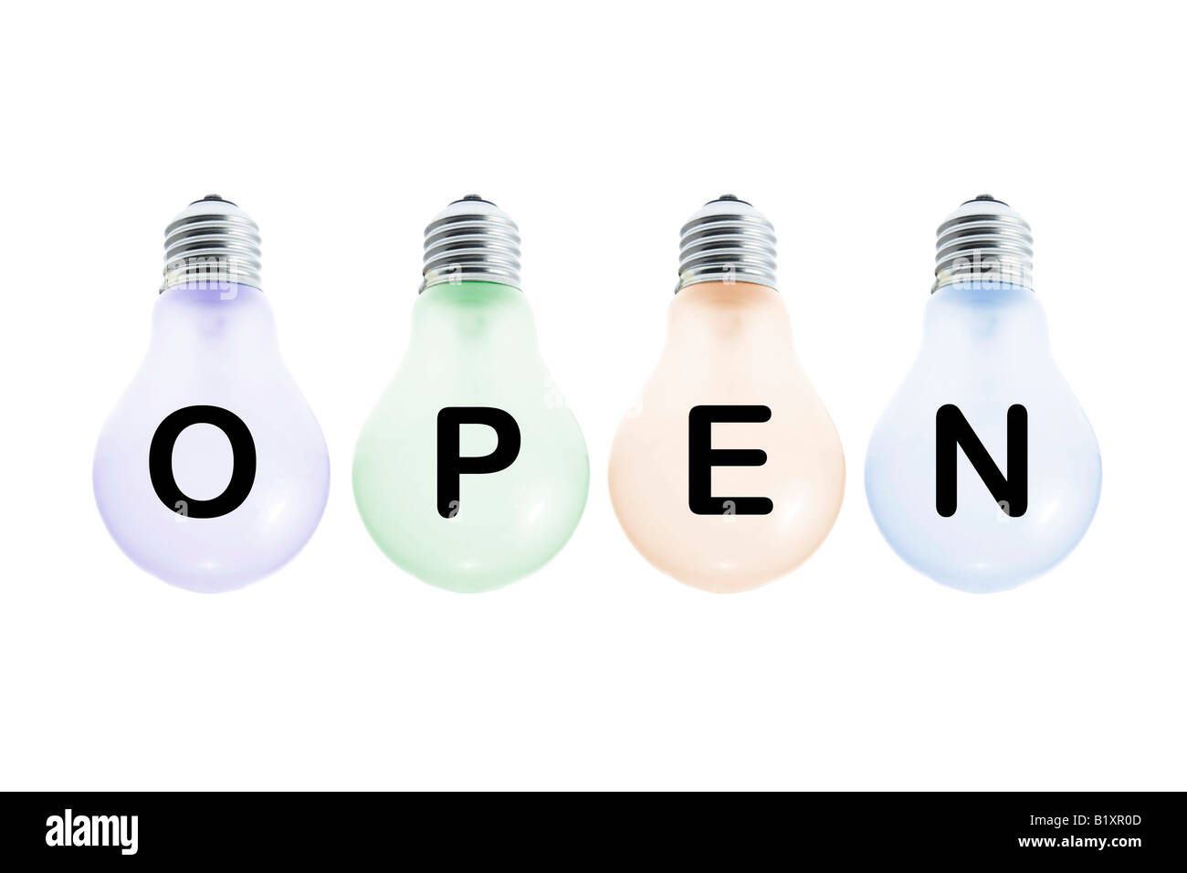 OPEN Coloured Light Bulbs Stock Photo - Alamy