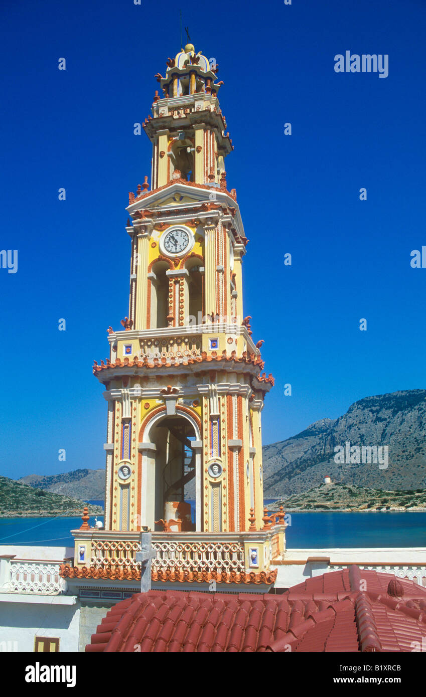 bell tower of Panormitis Monastery on Symi Island, Greece Stock Photo ...